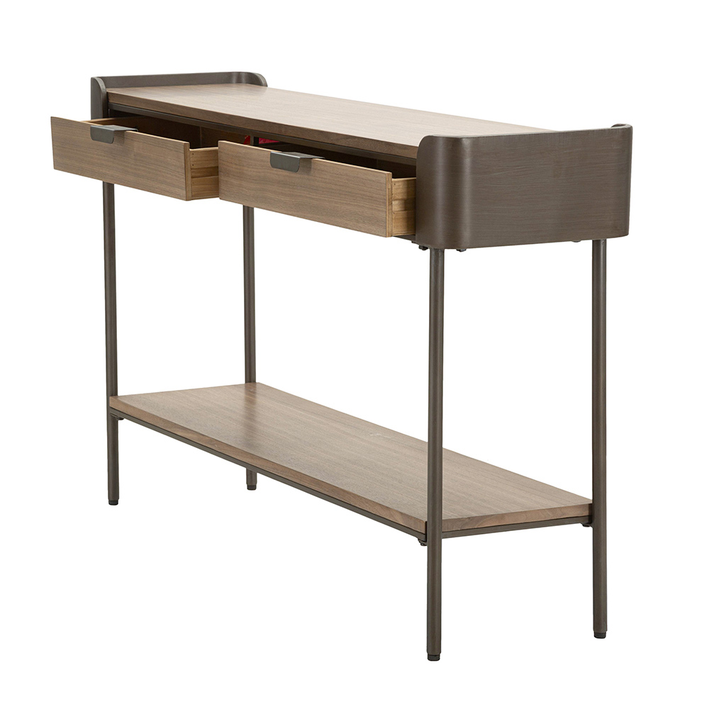 Consolă din lemn de brad și fier gri cu 2 sertare