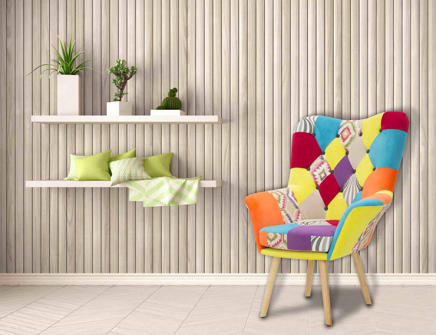 Fotoliu Patchwork colorat Modeno Design din țesătură și lemn